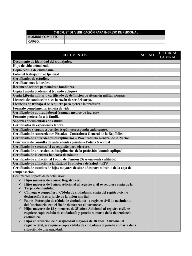 CHECKLIST DE VERIFICACIÓN PARA INGRESO DE PERSONAL | PDF | Gobierno y ...