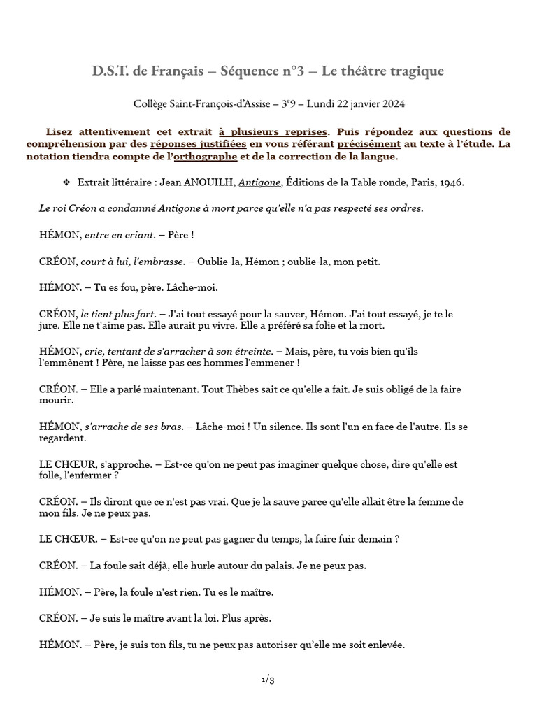 Sujet Brevet Sur Antigone de J. Anouilh | PDF