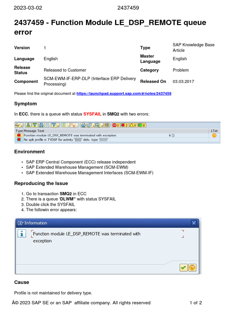 Nota 2437459 - E - 20230302 Sap | PDF