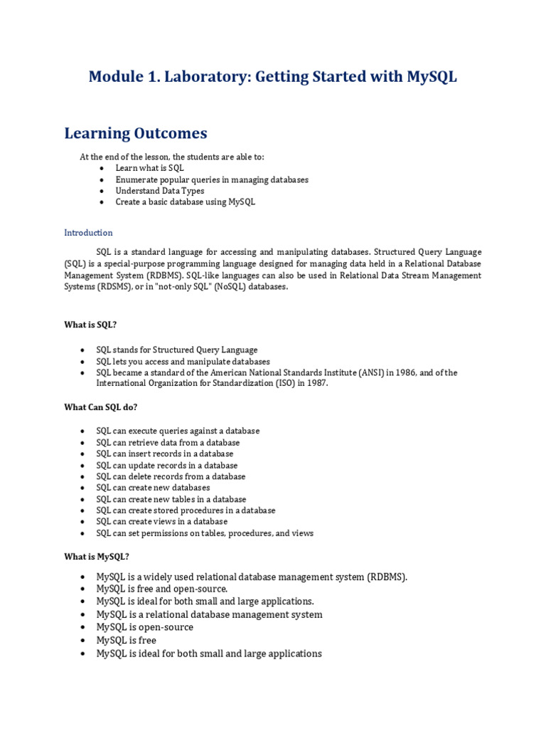 Module1 MySQL | PDF | Sql | Relational Database Module1 MySQL | PDF | Sql | Relational Database