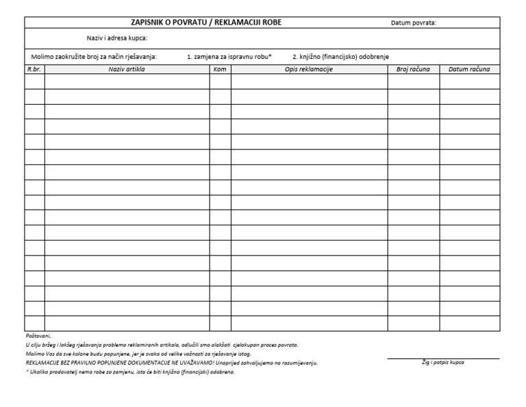 Reklamacijski Zapisnik | PDF