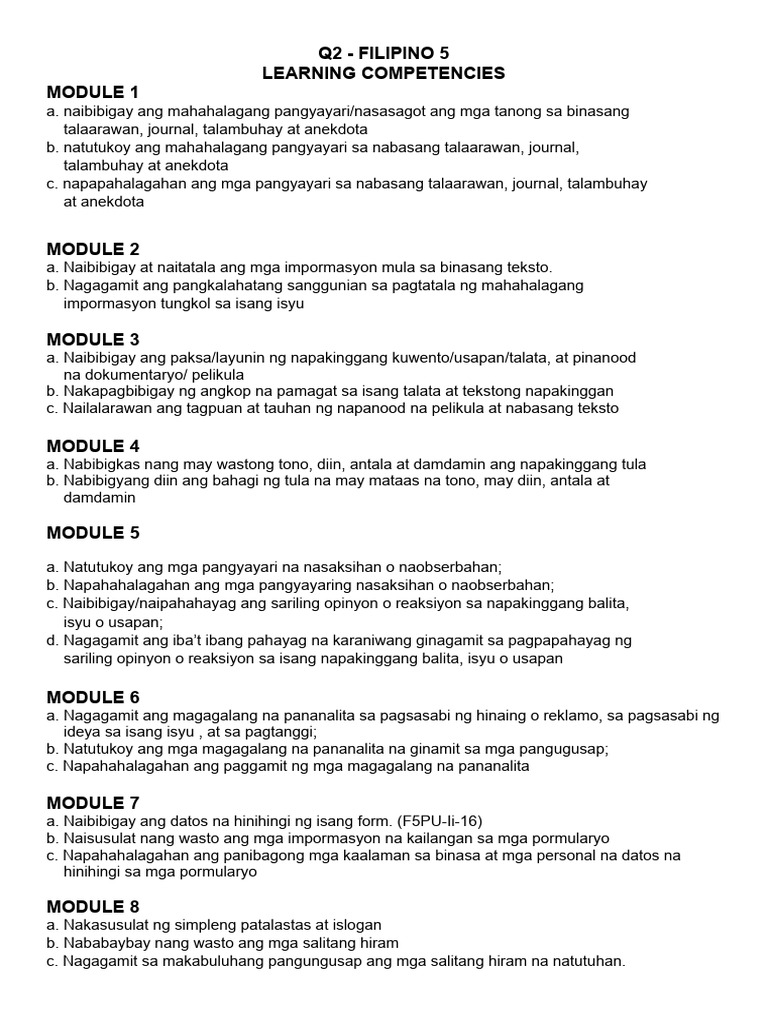 LEARNING COMPETENCIES- Q2-FILIPINO 5 | PDF