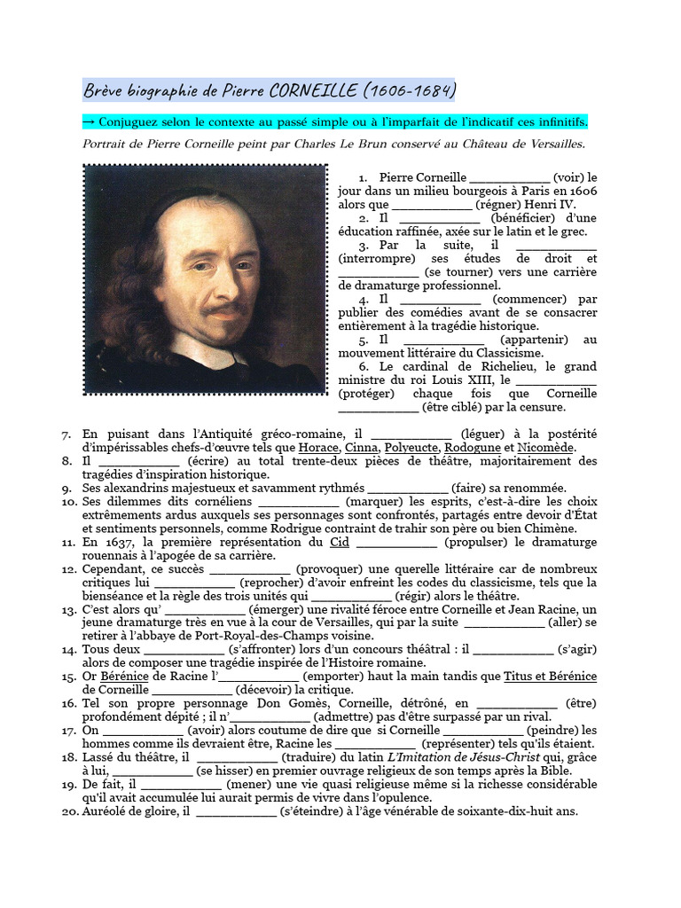 Biographie Lacunaire Pierre CORNEILLE Niveau 4ème | PDF