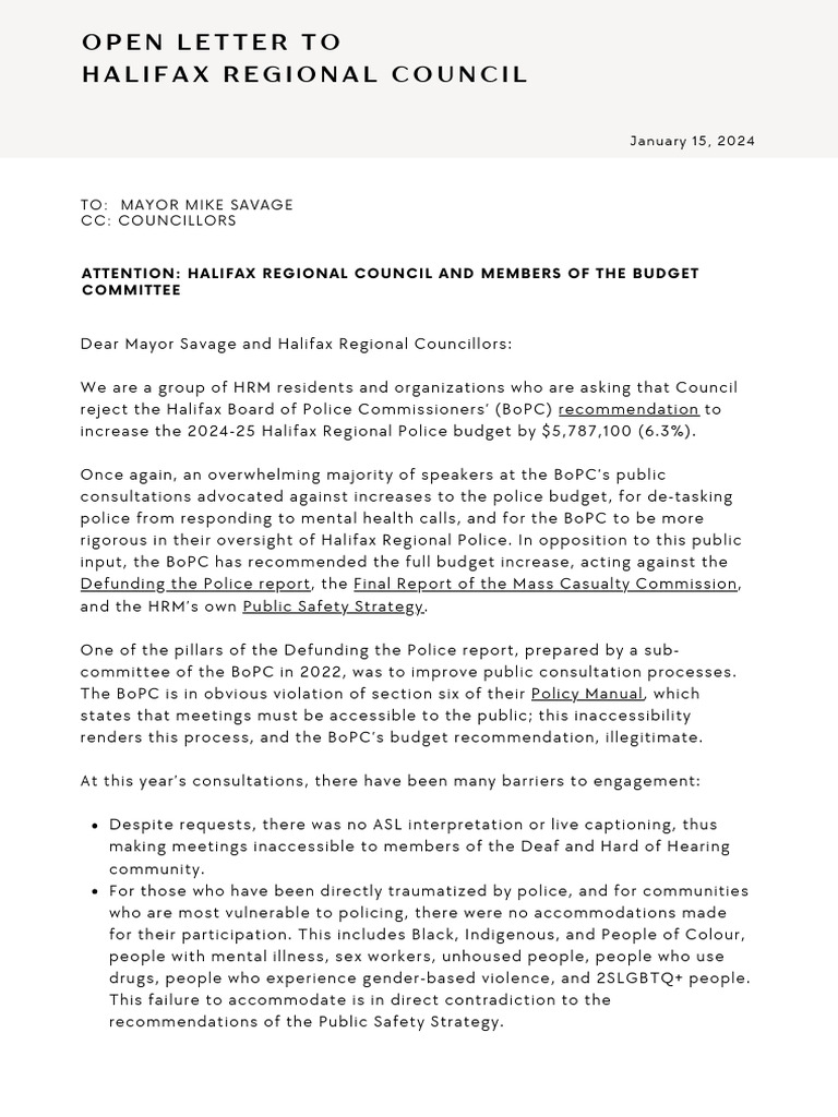 Open Letter To Halifax Regional Council | PDF