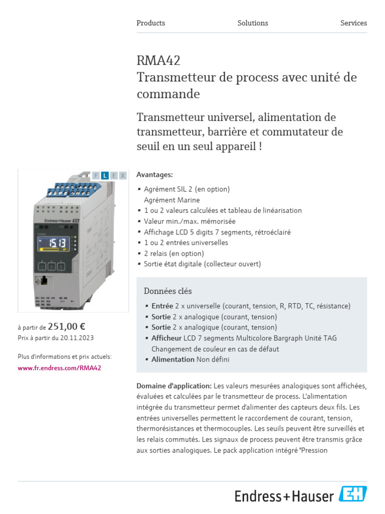 Endress-Hauser Process Transmitter Control Unit RMA42 FR | PDF