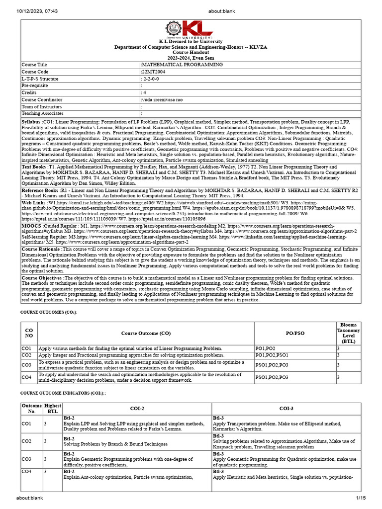 Course Outcomes (Cos) | PDF | Metaheuristic | Mathematical Optimization