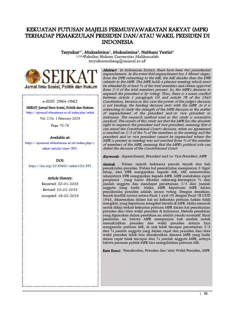 Kekuatan Putusan Majelis Permusyawaratan Rakyat (MPR) Terhadap Pemakzulan Presiden Dan Atau ...