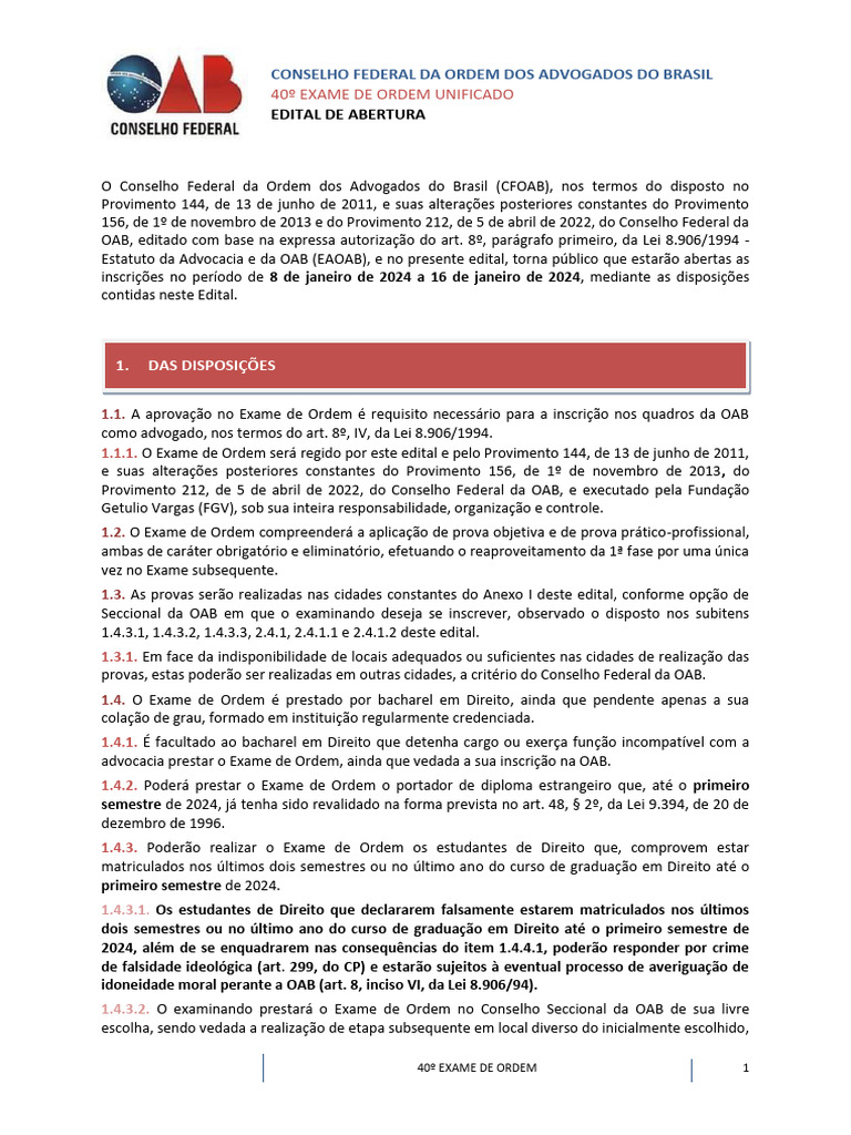 Oab 40 Exame Edital 20246 | PDF