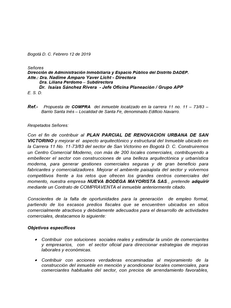 Propuesta de COMPRAVENTA Edificio Navarro | PDF | Bogotá | Economias