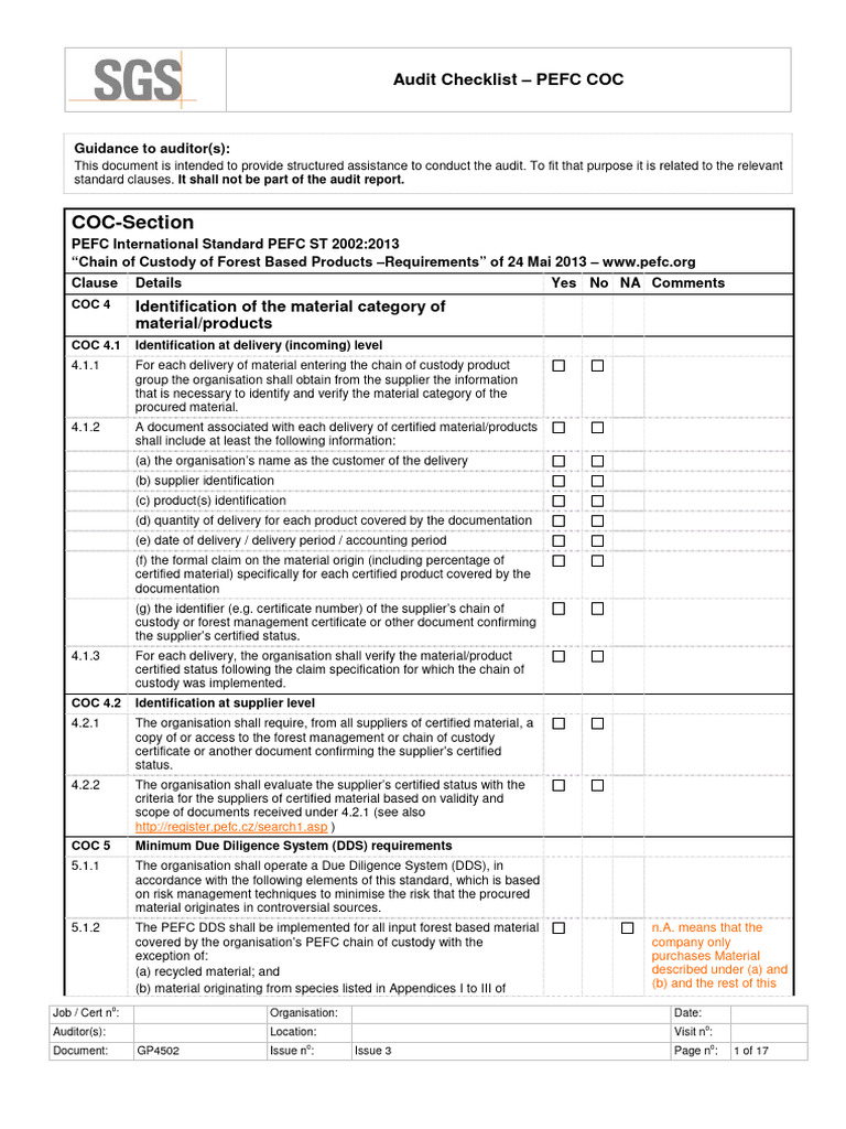 PEFC COC Audit Checklist Guide | PDF | Audit | Supply Chain