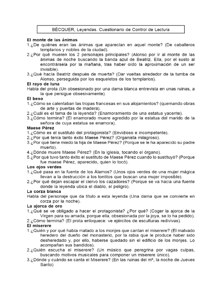 Leyendas de Bécquer Selectas. Cuestionario | PDF