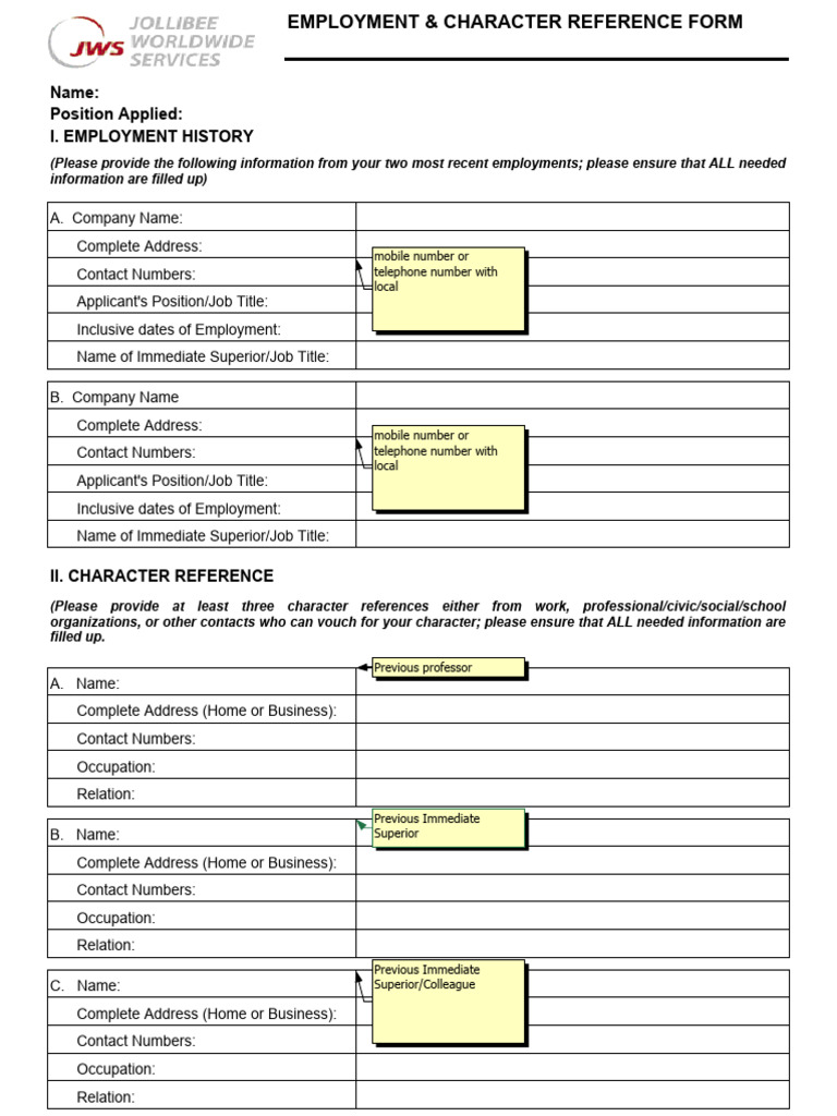 Employment Character Reference Form | PDF