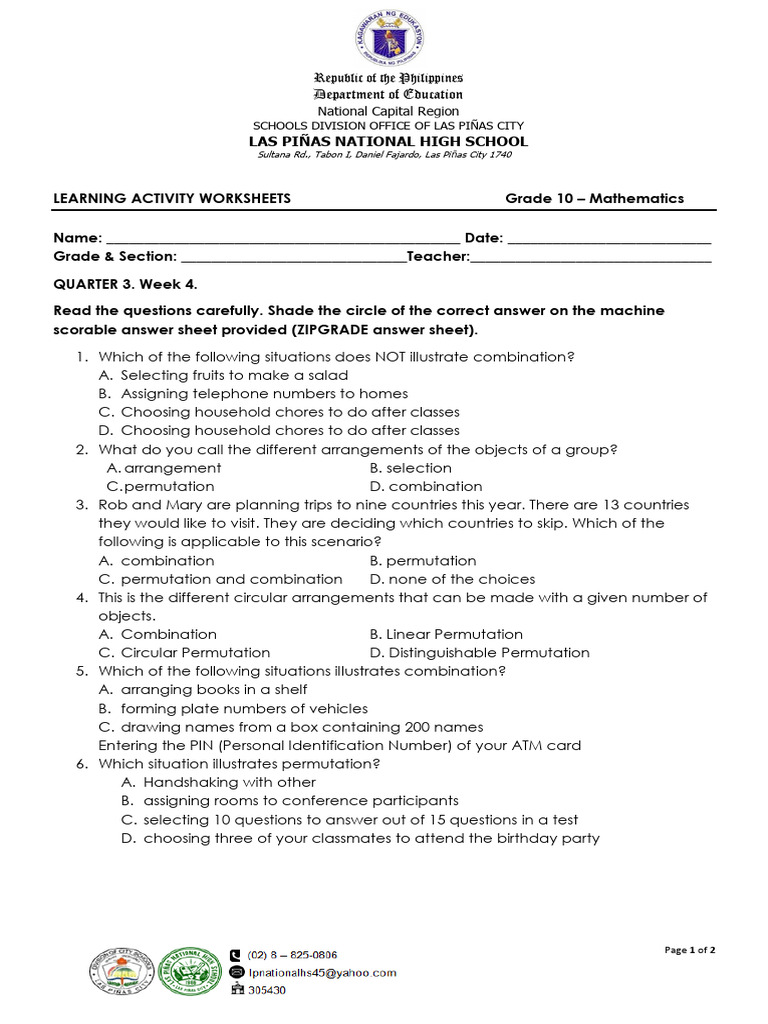 Q3 W4 LAW Grade 10 Without Answerkey | PDF | Permutation | Personal Identification Number
