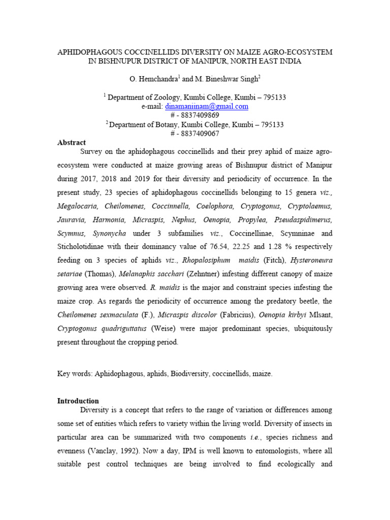 Aphidophagous Coccinellids Diversity On Maize Agro | PDF | Biological ...