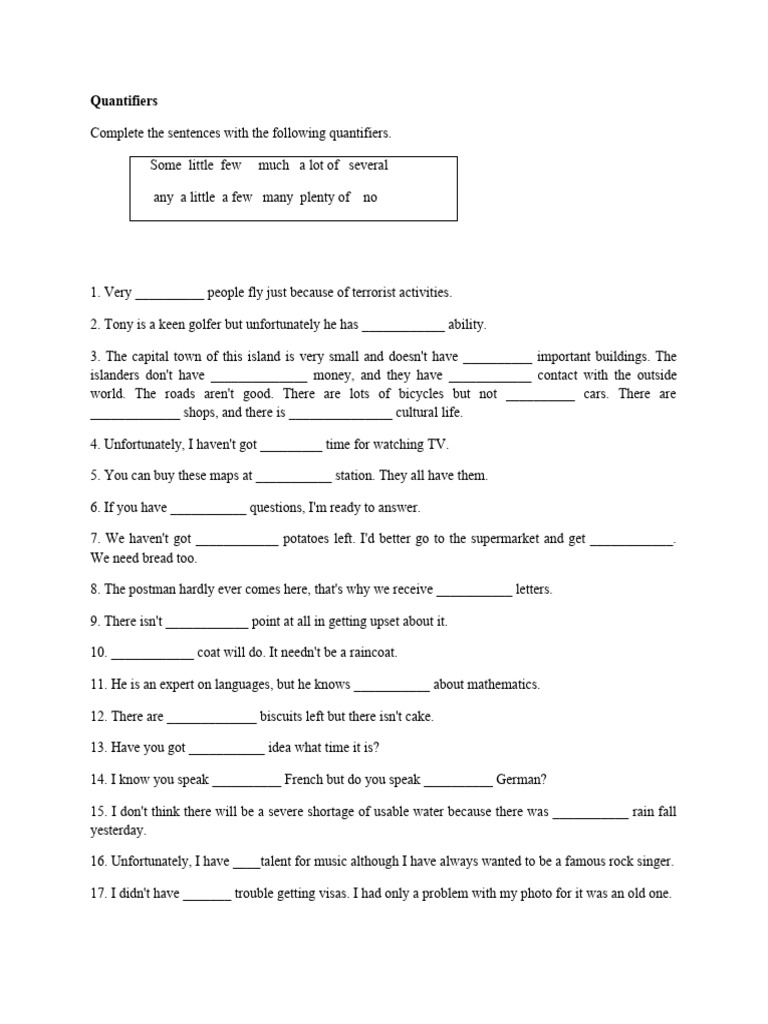 Quantifiers Worksheet | PDF