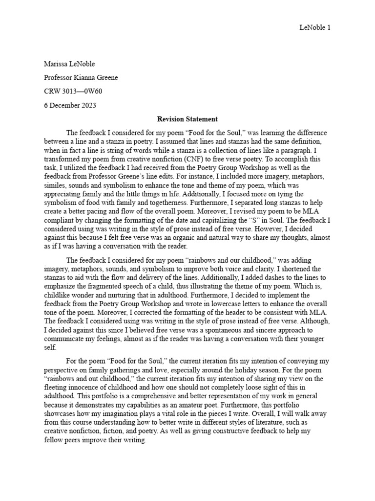 Final Portfolio & Revision Statement Marissa LeNoble | PDF | Poetry