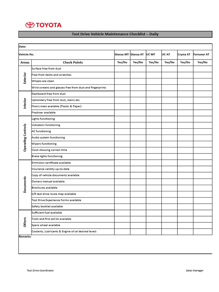 Test Drive Vehicle Check List | PDF