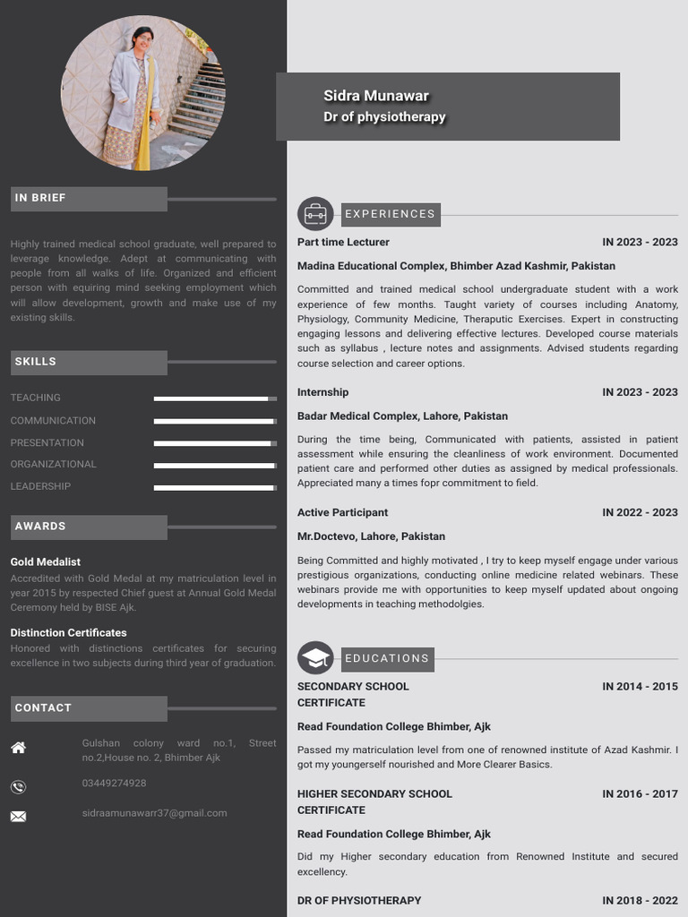 Resume DR Sidra Munawar (PT) | PDF | Medical School | Physical Therapy