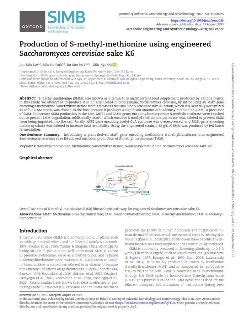 Production of S-Methyl-Methionine Using Engineered | PDF | Saccharomyces Cerevisiae | Methionine