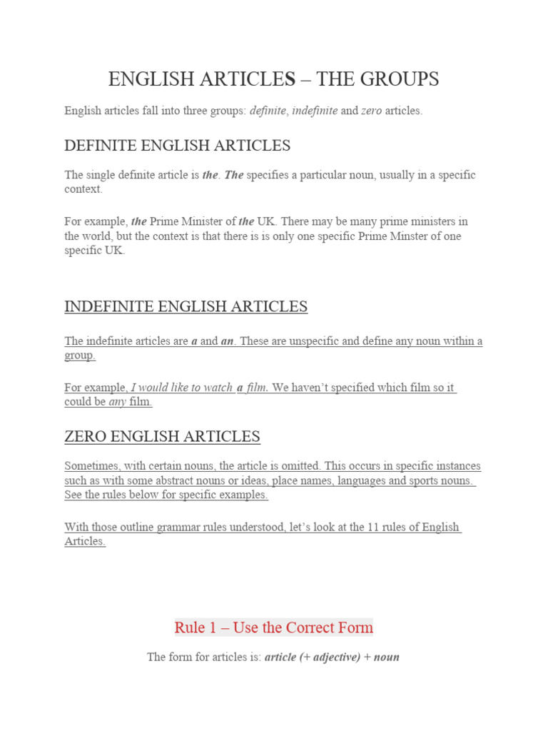 Articles 11 Rules | PDF | Noun | Adjective