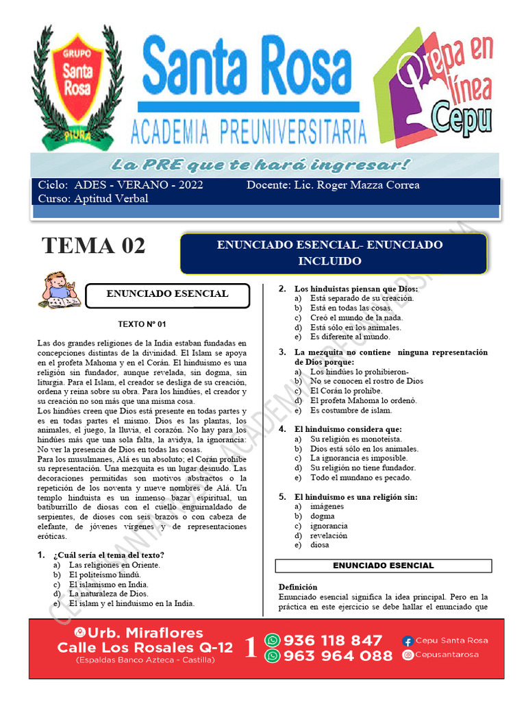 Aptitud Verbal - Tema O2 - Enunciado Esencial Enunciado Incluido - Ades - Verano 2022 | PDF ...