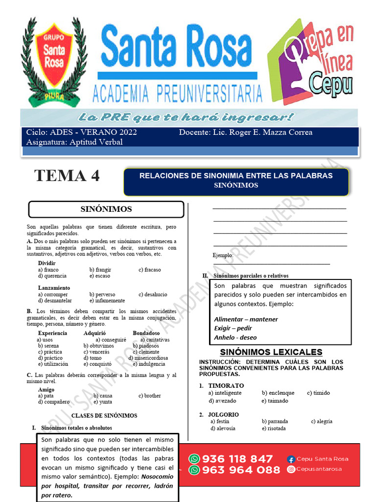 Aptitud Verbal - Sinónimos - Ades Verano 2022 | PDF | Verbo | Lingüística