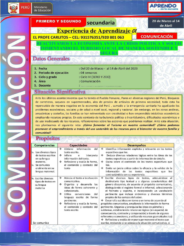 Experiencia de Aprendizaje 01 - 1ero y 2do - Comunicación - 2023 - 00001 | PDF
