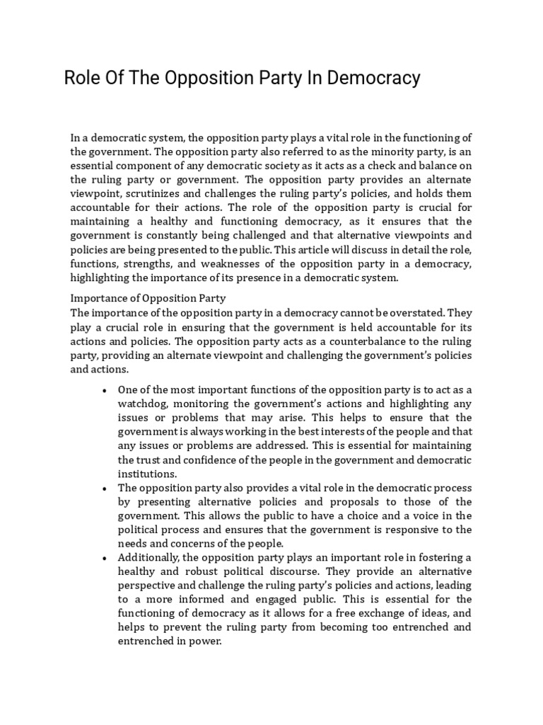 Role of Opposition Party in A Democracy | Download Free PDF | Democracy ...