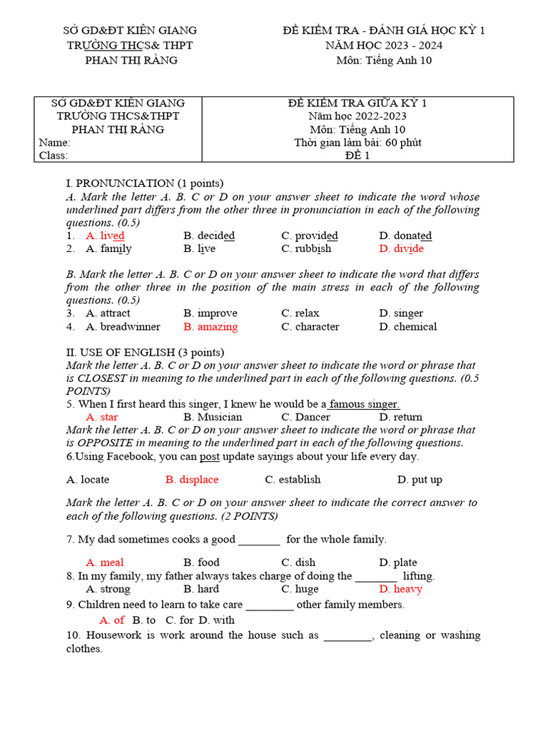 Đề Tham Khảo Cuối Kì 1 G10 | PDF | Family | Single Parent