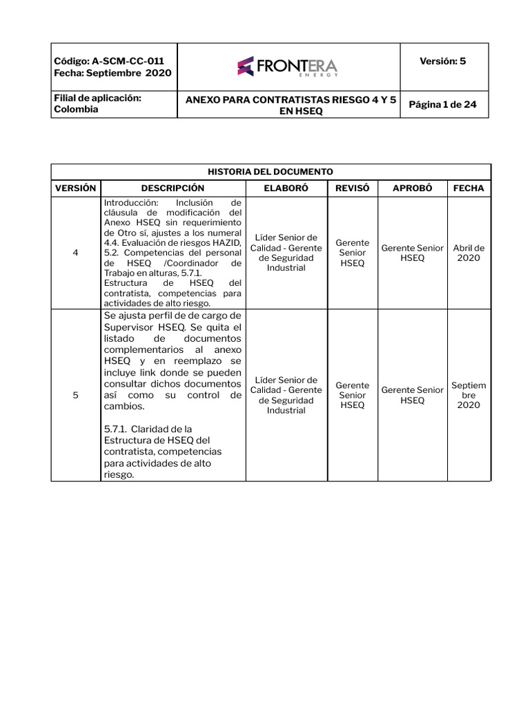 ANEXO 2 AL CONTRATO. A SCM CC 011 Anexo HSEQ Contratistas Riesgo 4 5 v5 ...