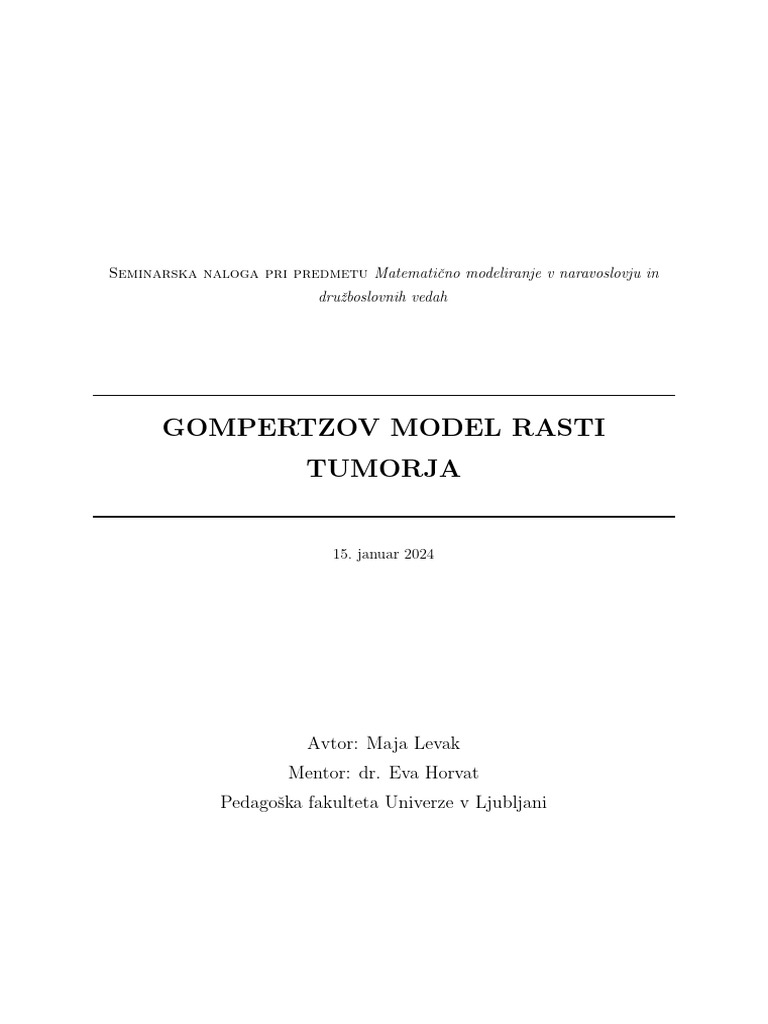 Gompertzov Model Rasti Tumorja (Seminarska Naloga) | PDF