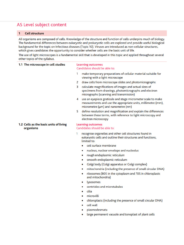 Cell Structure Learning Outcomes | PDF