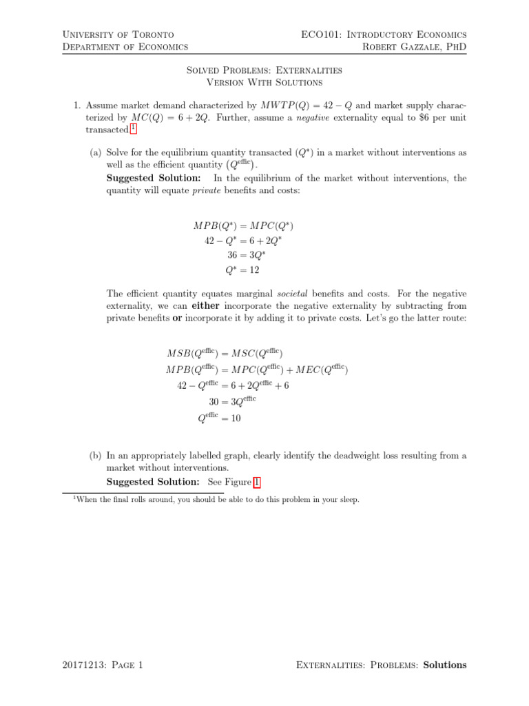 ECO101 Solved Problems Externalities Solutions | PDF | Externality | Economic Surplus
