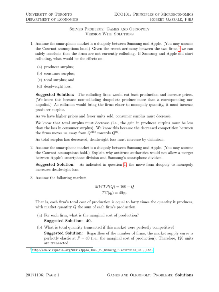 ECO101 Solved Problems Games and Oligopoly Solutions | PDF | Profit (Economics) | Economic ...