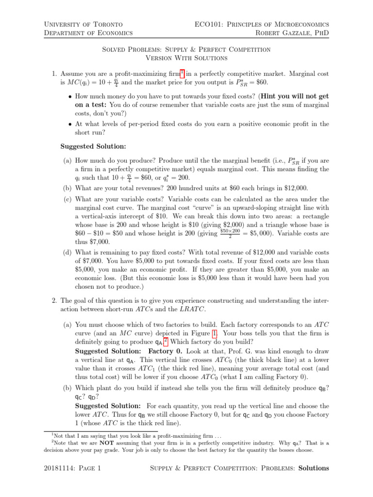 ECO101 Solved Problems Supply Perfect Competition Solutions | PDF ... ECO101 Solved Problems Supply Perfect Competition Solutions | PDF ...