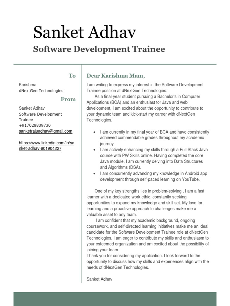 Cover Letter Sanket Adhav | PDF | Learning | Cognitive Science