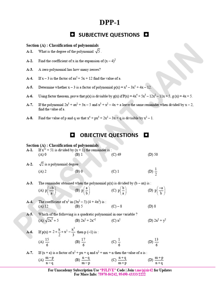 Dpp-1 Classification of Polynomial | PDF | Polynomial | Algebra