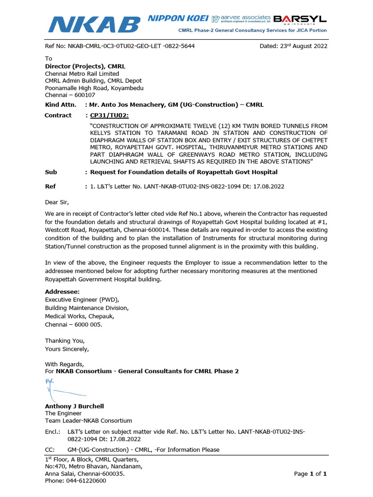 NKAB-CMRL-0C3-0TU02-GEO-LET - 0822-5644 Royapettah | PDF