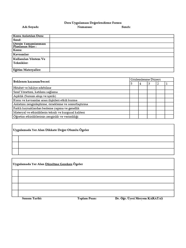 Ders Uygulamas de Erlendirme Formu | PDF