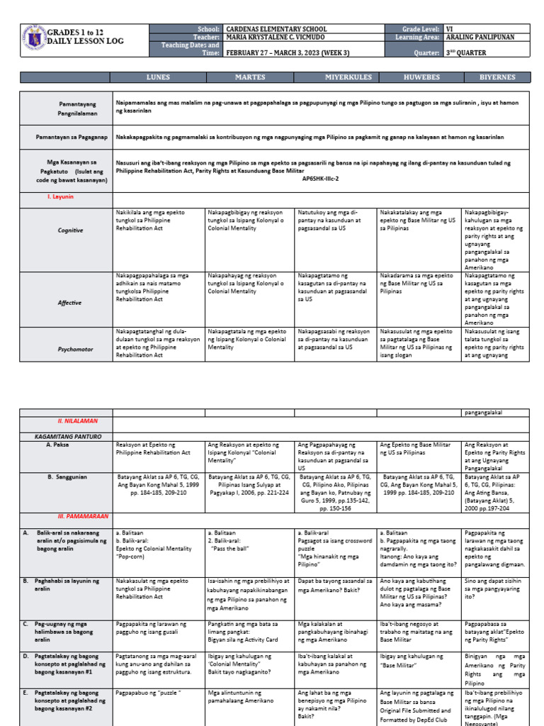 DLL - Araling Panlipunan 6 - Q3 - W3 | PDF
