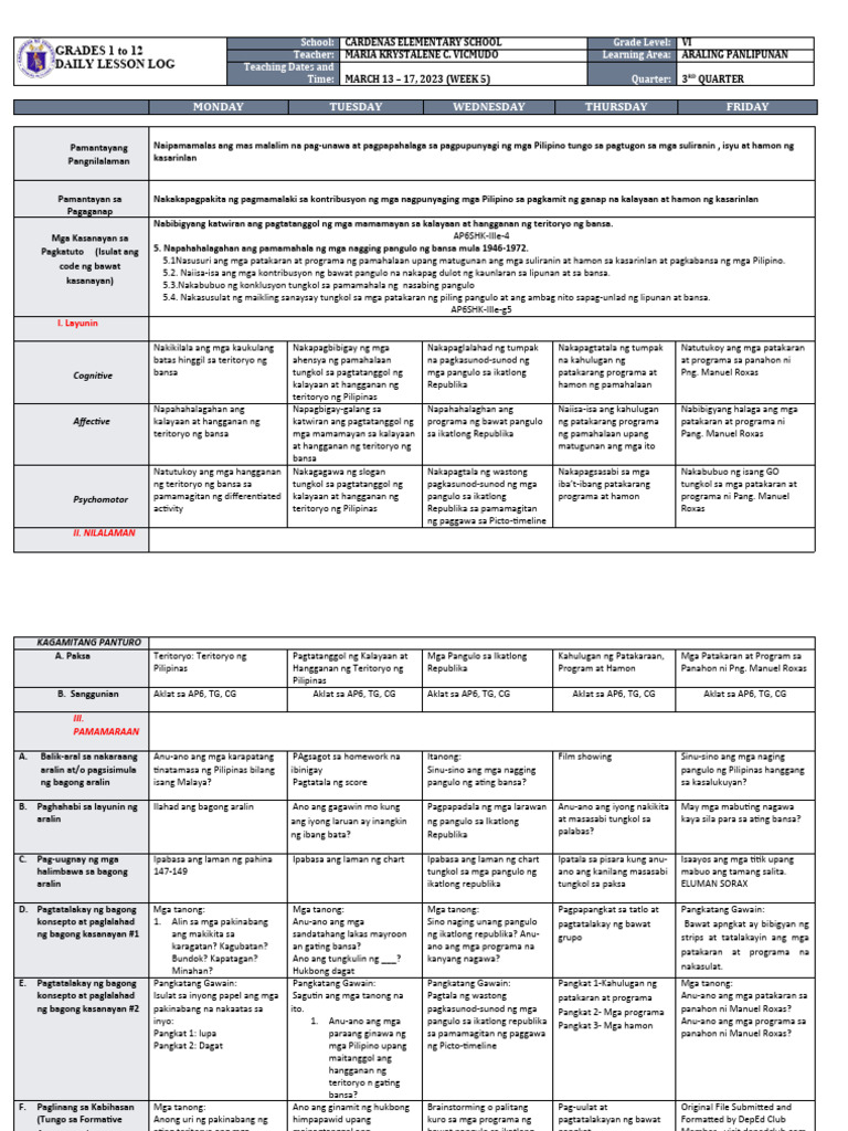 DLL - Araling Panlipunan 6 - Q3 - W5 | PDF