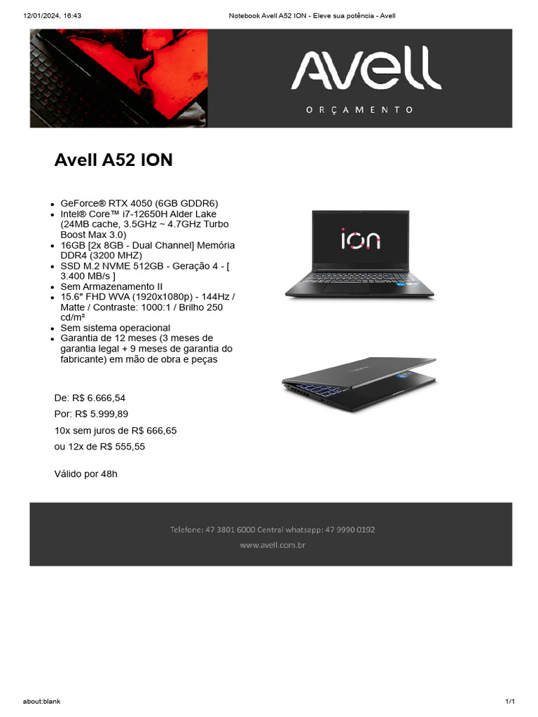 Notebook Avell A52 ION - Eleve Sua Potência - Avell | PDF