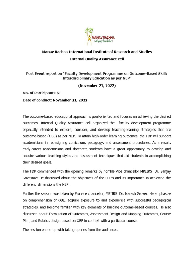 Report On FDP On OBE With NEP | PDF