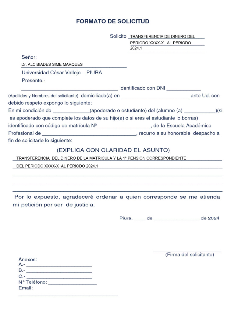 5. Formato de solicitud simple - TRANSFERENCIA | PDF