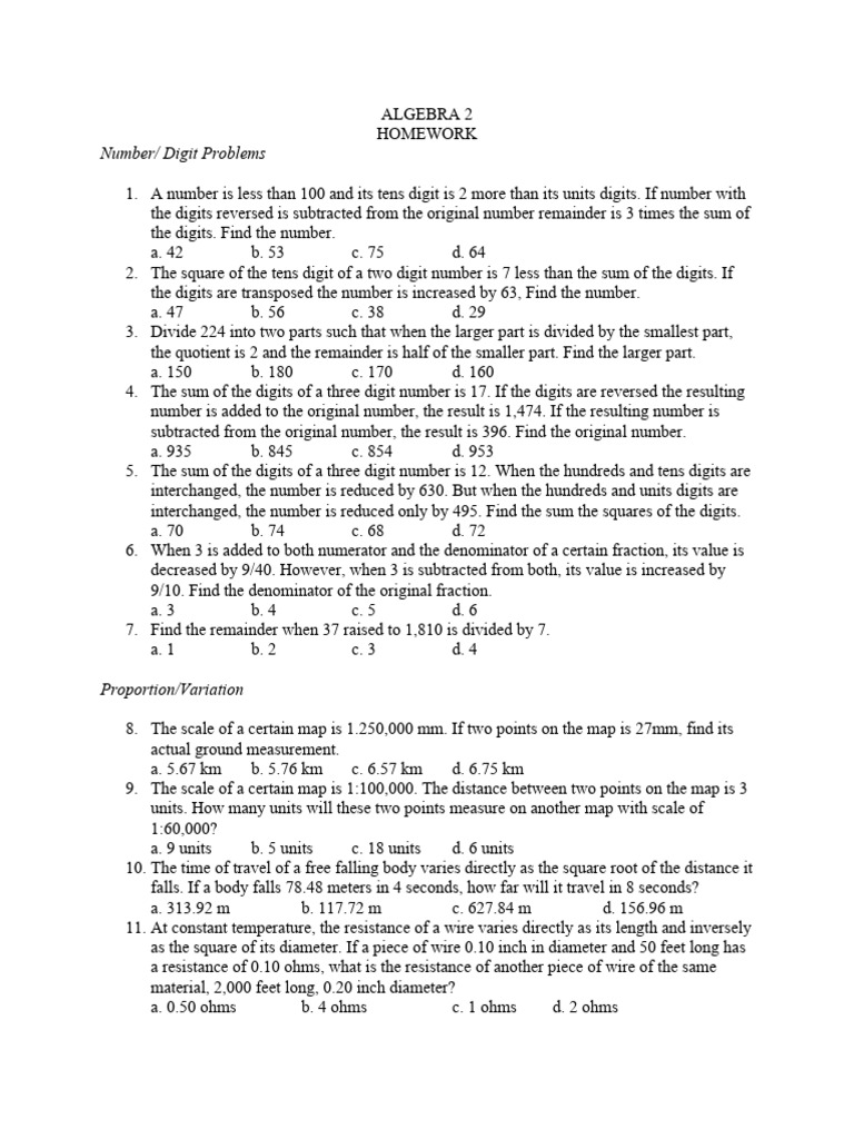 Algebra 2 Homework: Number Problems | PDF | Numbers | Metrology