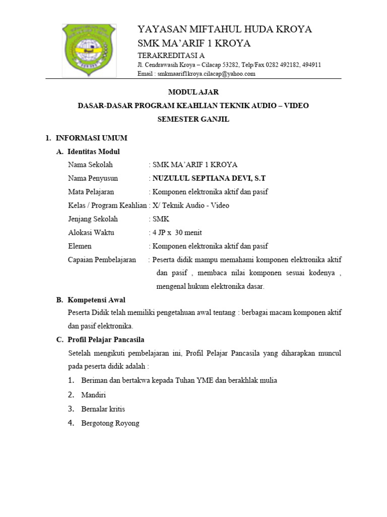 Modul Ajar Komponen Aktif Dan Pasif | PDF