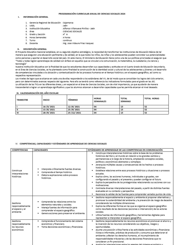2024 - Programación Curricular 4° Sec. 2021 | PDF | Enseñando | Aprendizaje