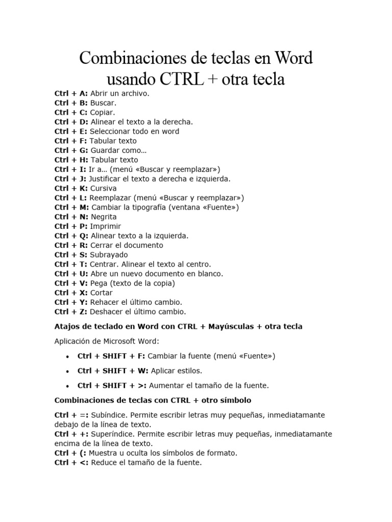Combinaciones de Teclas en Word Usando CTRL | PDF | Microsoft Word ...