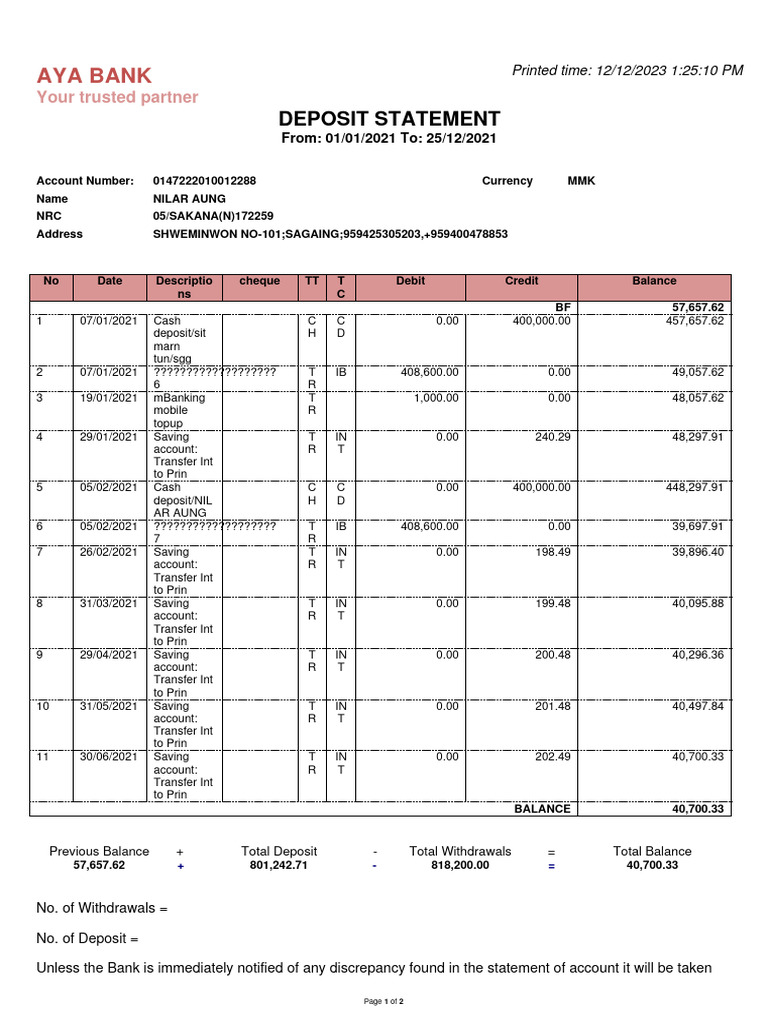 statementကာာမ | PDF | Deposit Account | Transaction Account