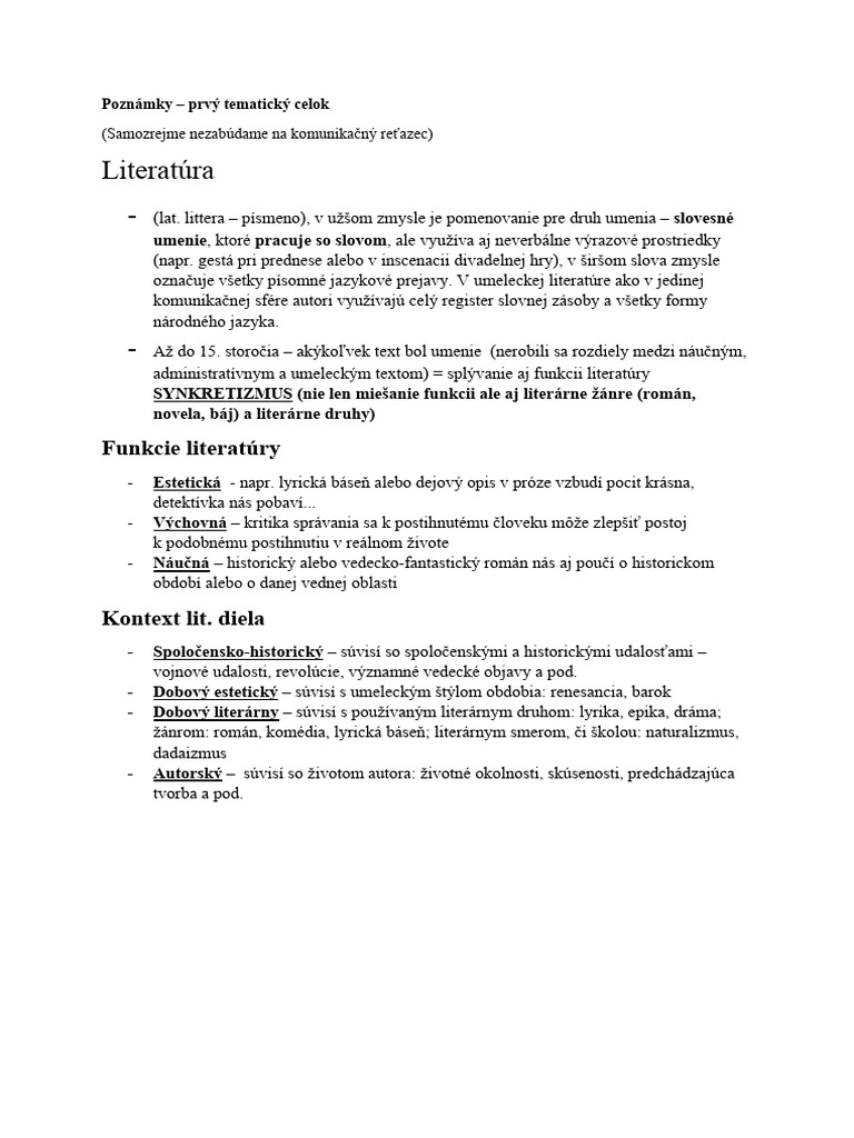 Poznámky-Prvý Tematický Celok Literatúra | PDF